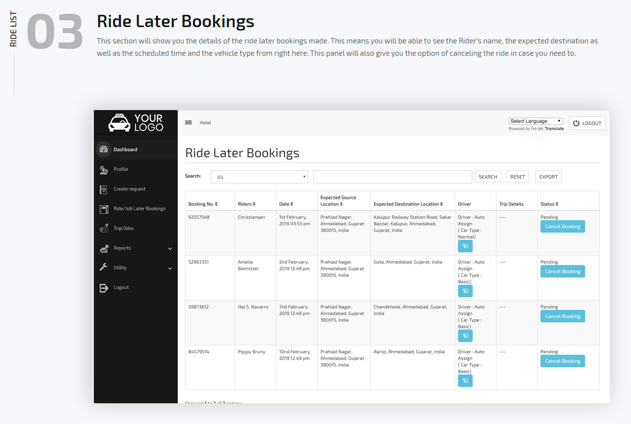 Hotel Panel for Taxi Booking App - eSiteWorld