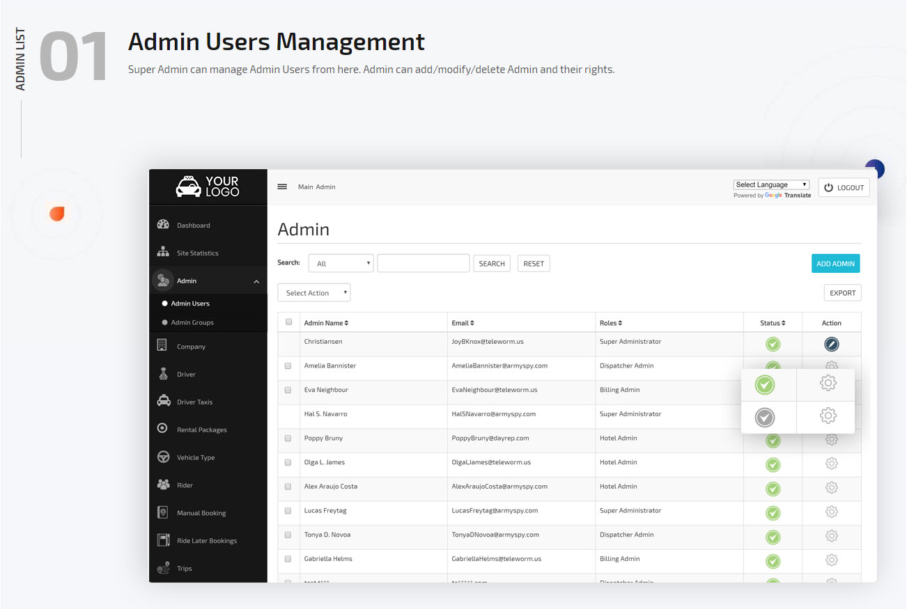 Uber Clone App Admin Panel Visuals - eSiteWorld