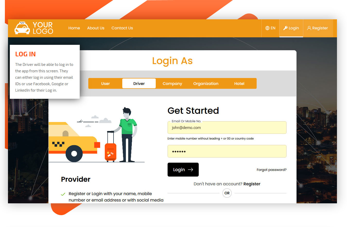 Uber Taxi Clone App - Rider & Driver Front Web Panel Visuals